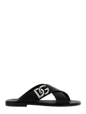Dolce & Gabbana Logo Leather Sandals - Black