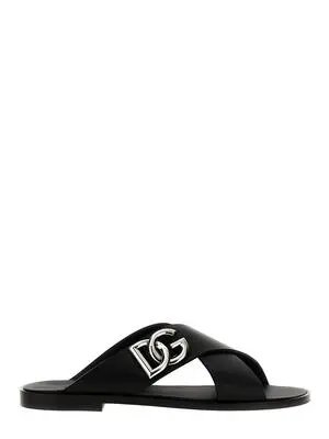 Dolce & Gabbana Logo Leather Sandals - Black