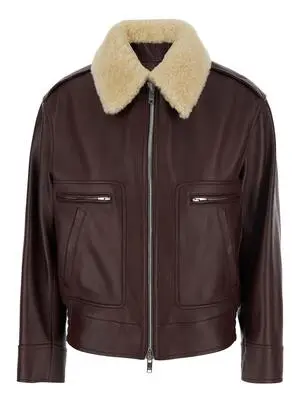 Bottega Veneta Brown Shearling Coat With Removable Fur Collar And Front Zip Closure In Leather - Multicolor
