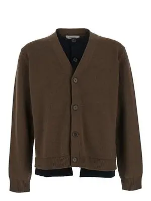 JW Anderson Cardigan With V-neck And Layered Design In Fabric - Brown