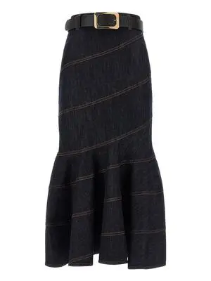 SELF-PORTRAIT Denim Midi Skirt - Blue