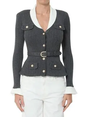 SELF-PORTRAIT Belted Ribbed Cardigan - Multicolor