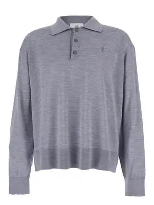 AMI Paris Grey Polo Shirt With Classic Collar And Adc Embroidery On The Front In Wool And Silk Blend - Multicolor