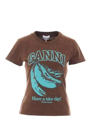 GANNI Logo T-shirt With Blue Banana Print - Brown