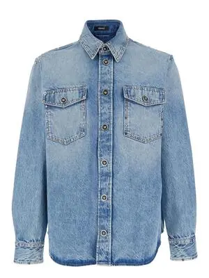 VERSACE Versace Men Light Blue Shirt With Classic Collar And Two Patch Pockets On The Front In Denim For Men