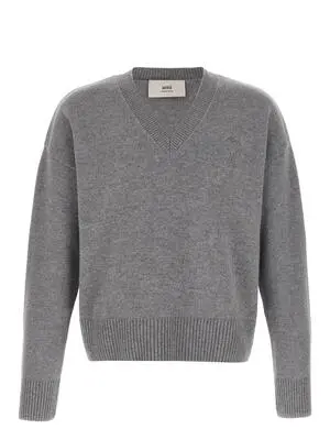 AMI Paris Puff Logo Patch Sweater - Gray
