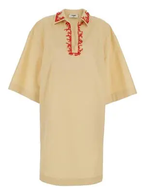 Fendi Fendi Women Beige Dress With Open Polo Shirt Style Collar And Embroidery On The Collar In Cotton Woman Multicolor