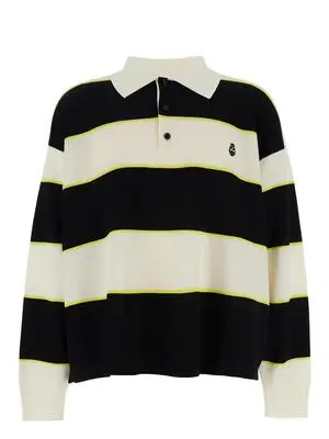 Alexander McQueen Black And White Long-sleeve Polo Shirt With Logo Patch On The Front And All-over Striped Motif In Cotton Blend - Multicolor