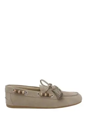Miu Miu Suede Deck Loafers With Tassels And Logo - Cream