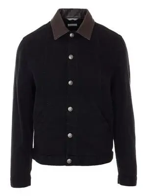 Brunello Cucinelli Light Denim Jacket With Leather Collar - Black