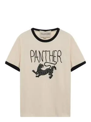 Valentino Garavani Butter-colored T-shirt With Panther Print - Cream