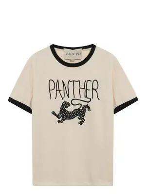 Valentino Garavani Butter-colored T-shirt With Panther Print - Cream