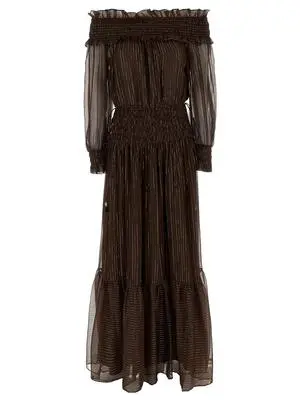 SELF-PORTRAIT Off-shoulder Crinkled Georgette Maxi Dress - Brown