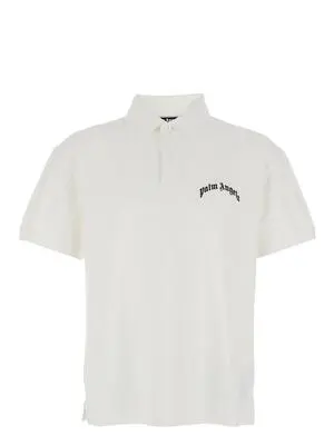Palm Angels White Polo Shirt With Logo Lettering On Front And Rear In Cotton Piquet - Multicolor