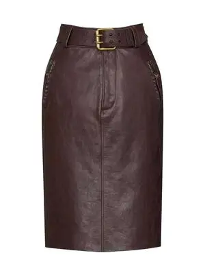 Saint Laurent Belted Pencil Skirt In Creased Leather - Red