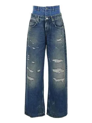 Dolce & Gabbana Blue Jeans With Layered Design And Distressed And Ripped Effect In Denim - Multicolor
