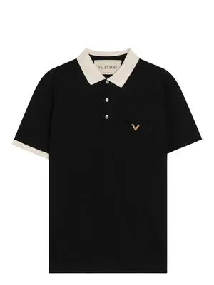 Valentino Garavani Cotton Pique Polo Shirt With Vgold - Black