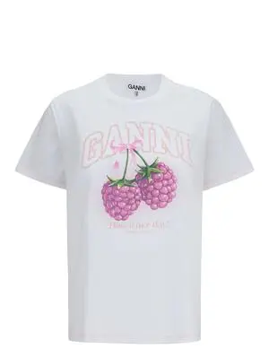 GANNI Cotton T-shirt With Raspberry Print - White