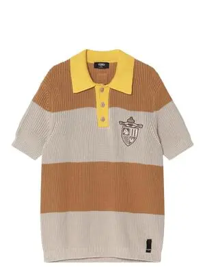 Fendi Knitted Cotton Polo Shirt With Sand And Beige Stripes - Gray
