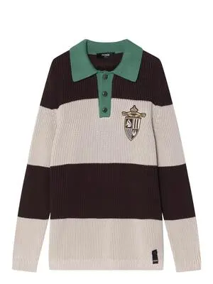 Fendi Knitted Cotton Polo Shirt With And Beige Stripes - Brown