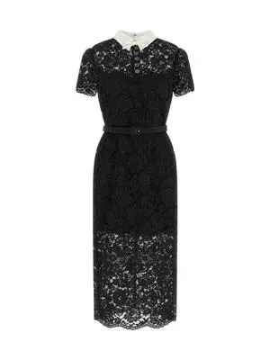 SELF-PORTRAIT Lace Contrast Collar Midi Dress - Black