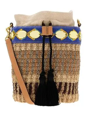Valentino Garavani Embroidered Raffia Vlogo Signature Bucket Bag - Multicolor