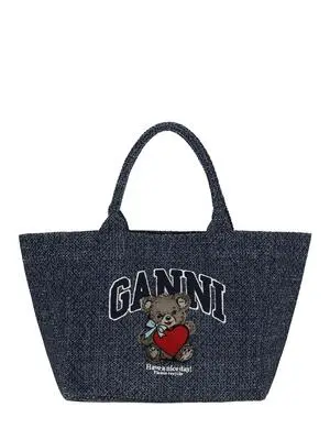 GANNI Medium Denim Tote Bag With Bear - Blue