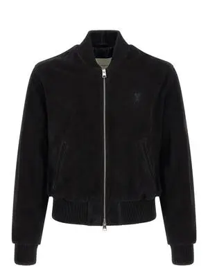 AMI Paris AMI PARIS Ami De Coeur Suede Leather Bomber Jacket Black