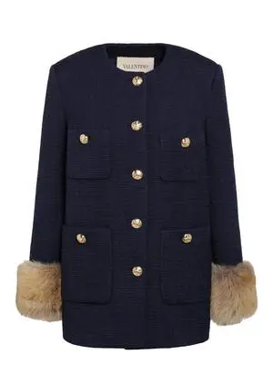 Valentino Garavani Navy Peacoat In Wool Tweed - Blue