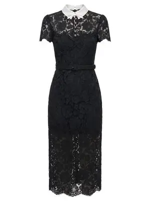 SELF-PORTRAIT Lace Contrast Collar Midi Dress - Multicolor