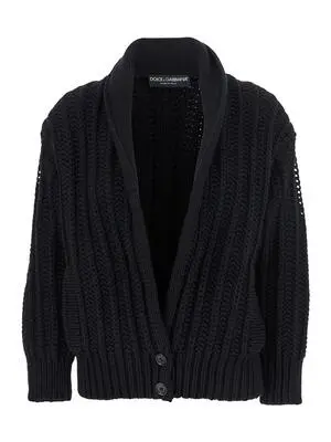 Dolce & Gabbana Black Cardigan With Wide Neckline On The Front In Virgin Wool - Multicolor