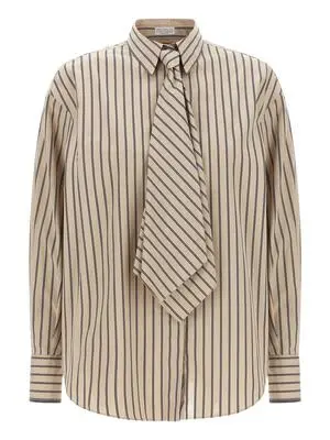 Brunello Cucinelli BRUNELLO CUCINELLI Striped Shirt With Integrated Tie Cream