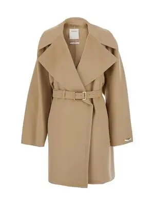 Sportmax Beige Coat With Wide Notched Revers And Waist Belt For - Multicolor
