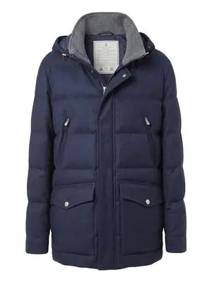 Brunello Cucinelli Bonded Wool Flannel Down Parka With Detachable Hood - Blue