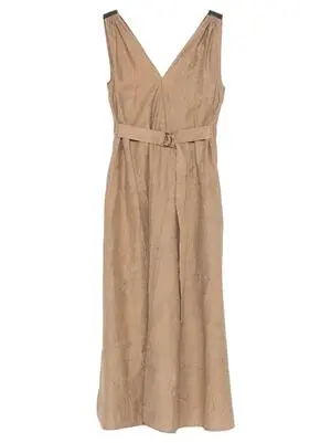 Brunello Cucinelli V-neck Belted Midi Dress - Multicolor