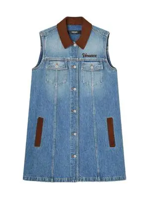 Versace Denim A-line Dress With Suede Details - Blue