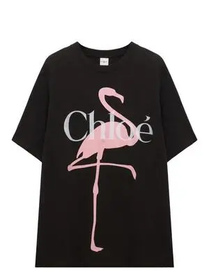 Chloé CHLOÉ Oversized Flamingo-Print Cotton T-shirt Black