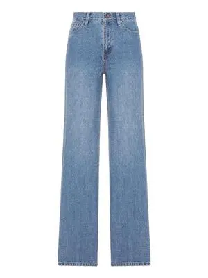 SELF-PORTRAIT Straight Leg Denim Jeans With Rhinestone - Blue