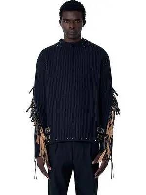 Prada Leather Embellished Wool Sweater - Black