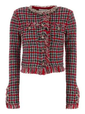 SELF-PORTRAIT Red Check Frayed Knit Jacket - Multicolor