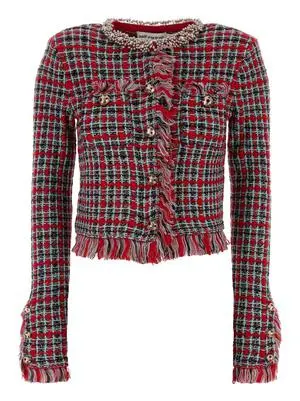 SELF-PORTRAIT Check Fringed Knit Jacket - Multicolor