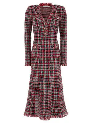SELF-PORTRAIT Check Frayed Knit Midi Dress - Multicolor