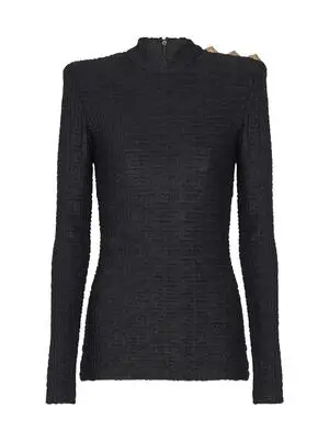Balmain Ls Bouclette Monogrammed Top - Black