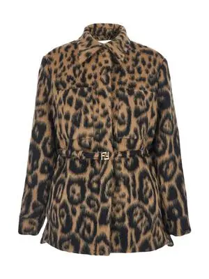 Fendi Coat With Ff Buckled Belt On The Front And All-over Leopard Motif In Wool Blend - Multicolor