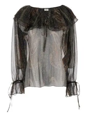 Saint Laurent Off-shoulder Silk Blend Poet Sleeve Blouse - Multicolor