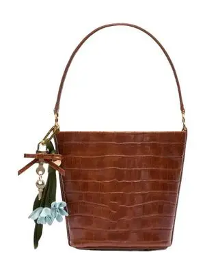 SELF-PORTRAIT Embellished Croc Effect Leather Bucket Bag - Brown