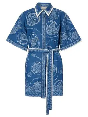 ALEMAIS Printed Linen-blend Mini Dress - Blue