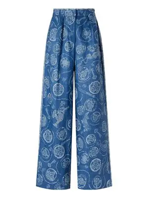 ALEMAIS Pleated Printed Linen Wide-leg Pants - No