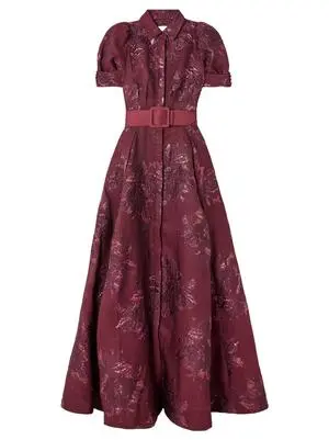 Rebecca Vallance Arlette Belted Metallic Cloqué Gown - Red