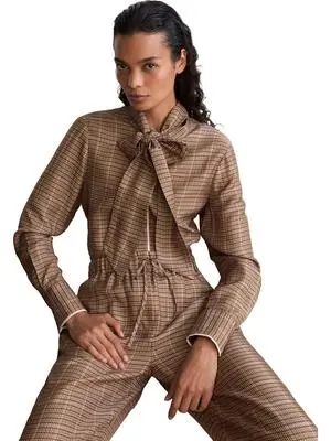 REISS Minnie Check Tie-neck Blouse - Neutral